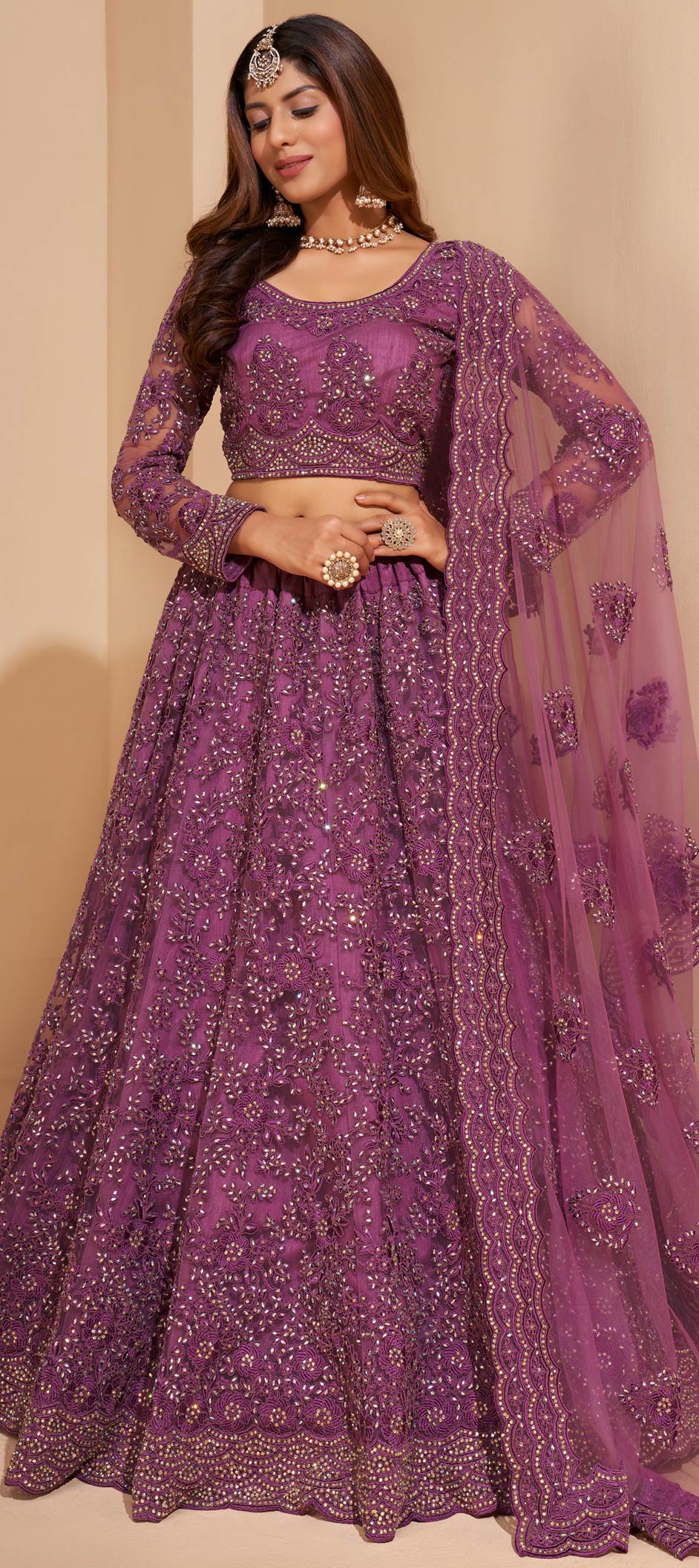 Bridal, Wedding Purple and Violet color Net fabric Lehenga : 1792119