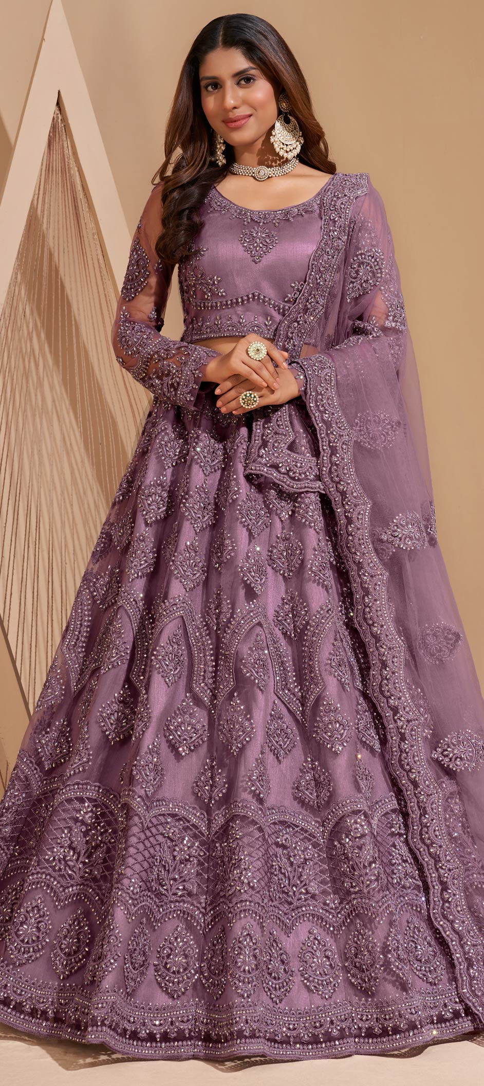 Bridal, Wedding Purple and Violet color Net fabric Lehenga : 1792132