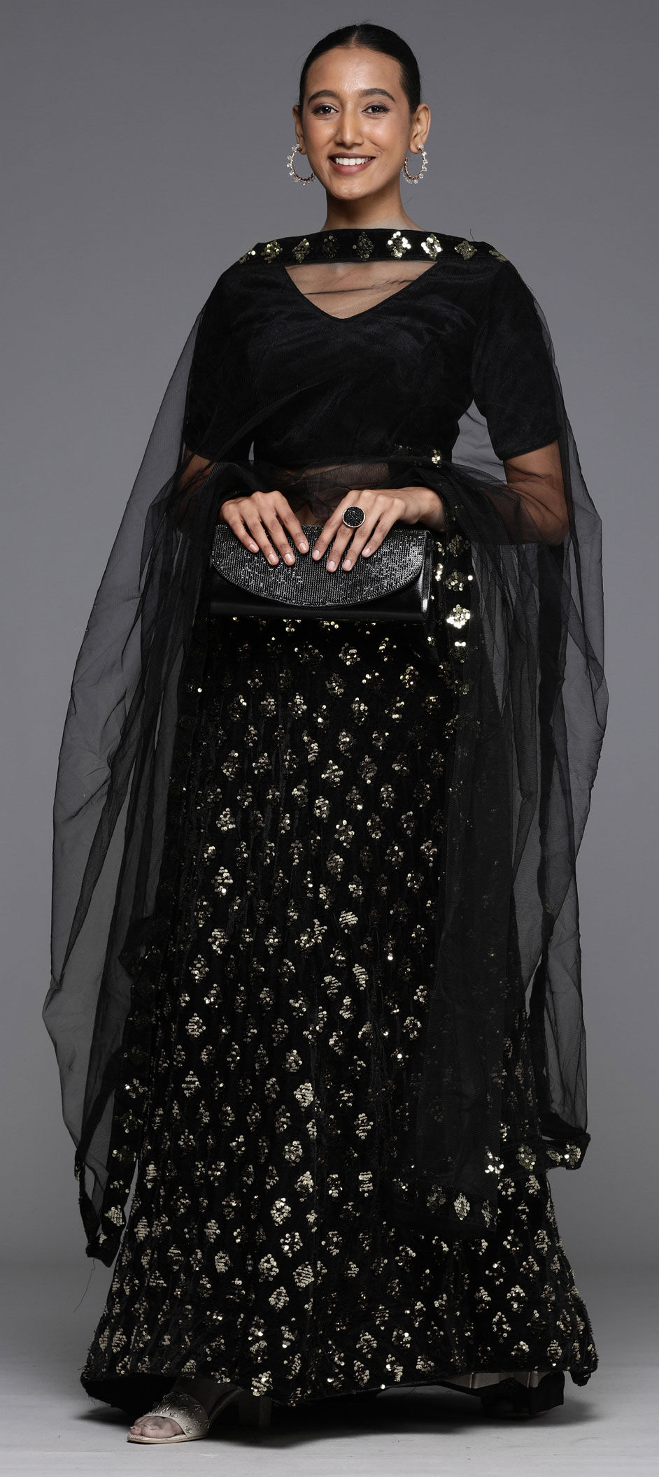 Festive, Mehendi Sangeet Black and Grey color Velvet fabric Lehenga ...
