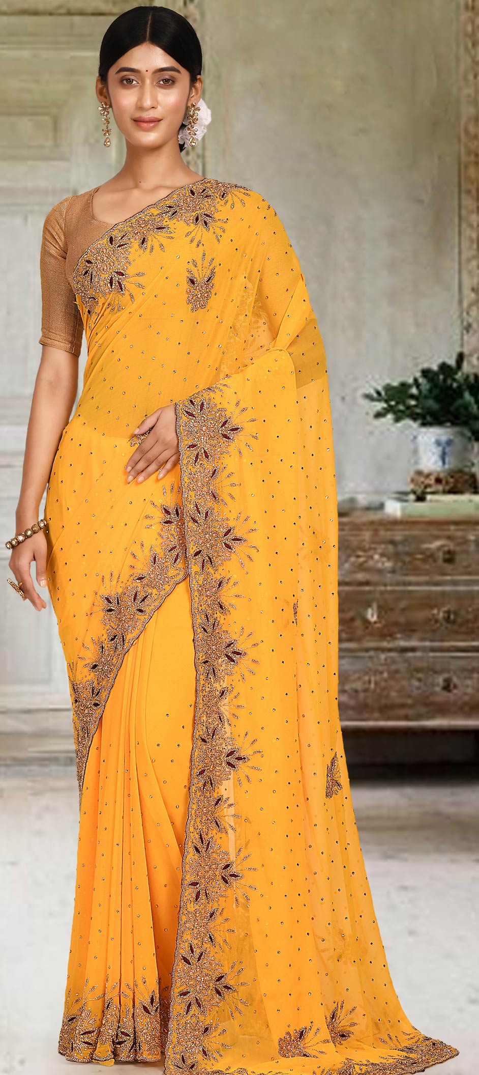 Festive, Party Wear, Wedding Yellow color Georgette fabric Saree : 1792168