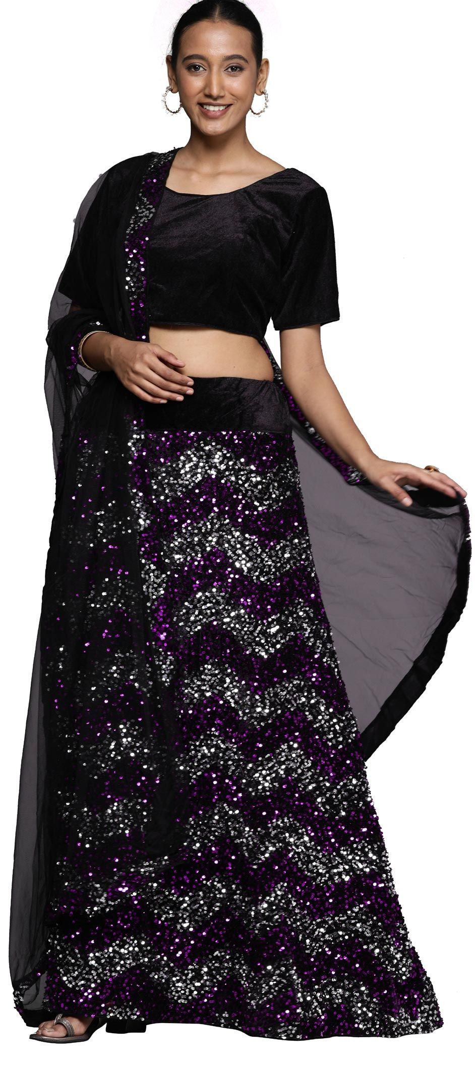 Party Wear Black and Grey color Velvet fabric Lehenga : 1793902