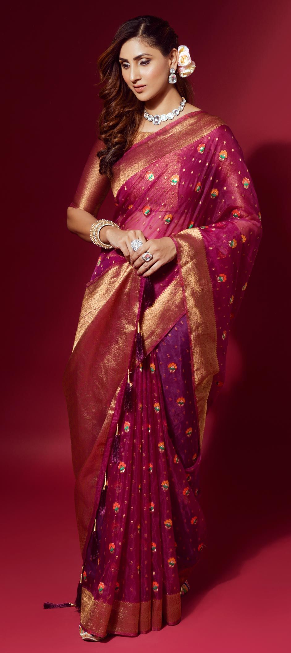 Traditional Red and Maroon color Organza Silk, Silk fabric Saree : 1795582