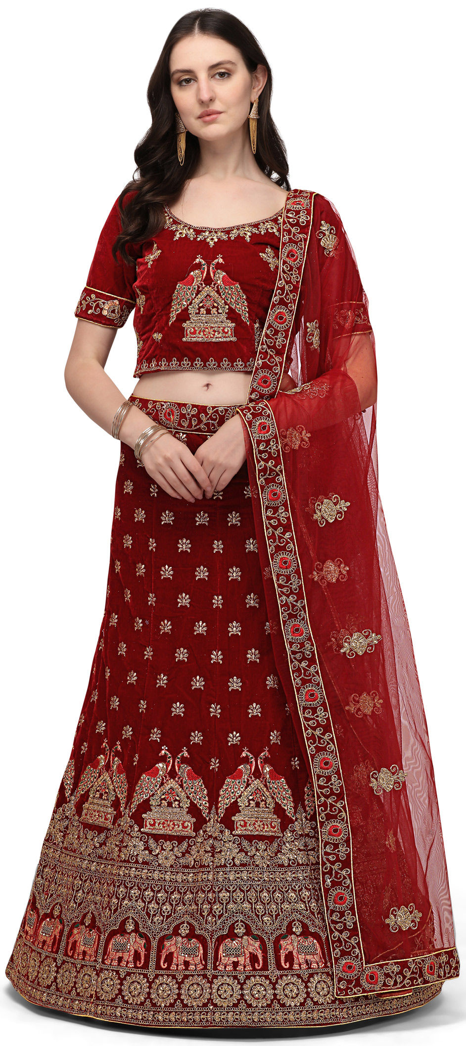 Festive, Party Wear Red and Maroon color Velvet fabric Lehenga : 1798808