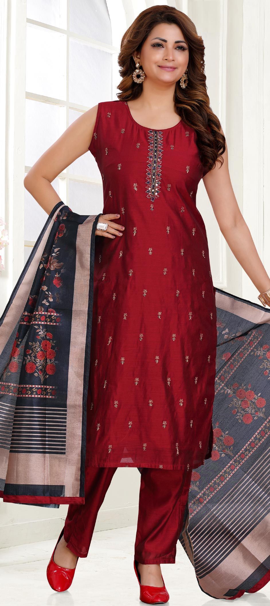 Festive, Party Wear Red and Maroon color Chanderi Silk fabric Salwar ...