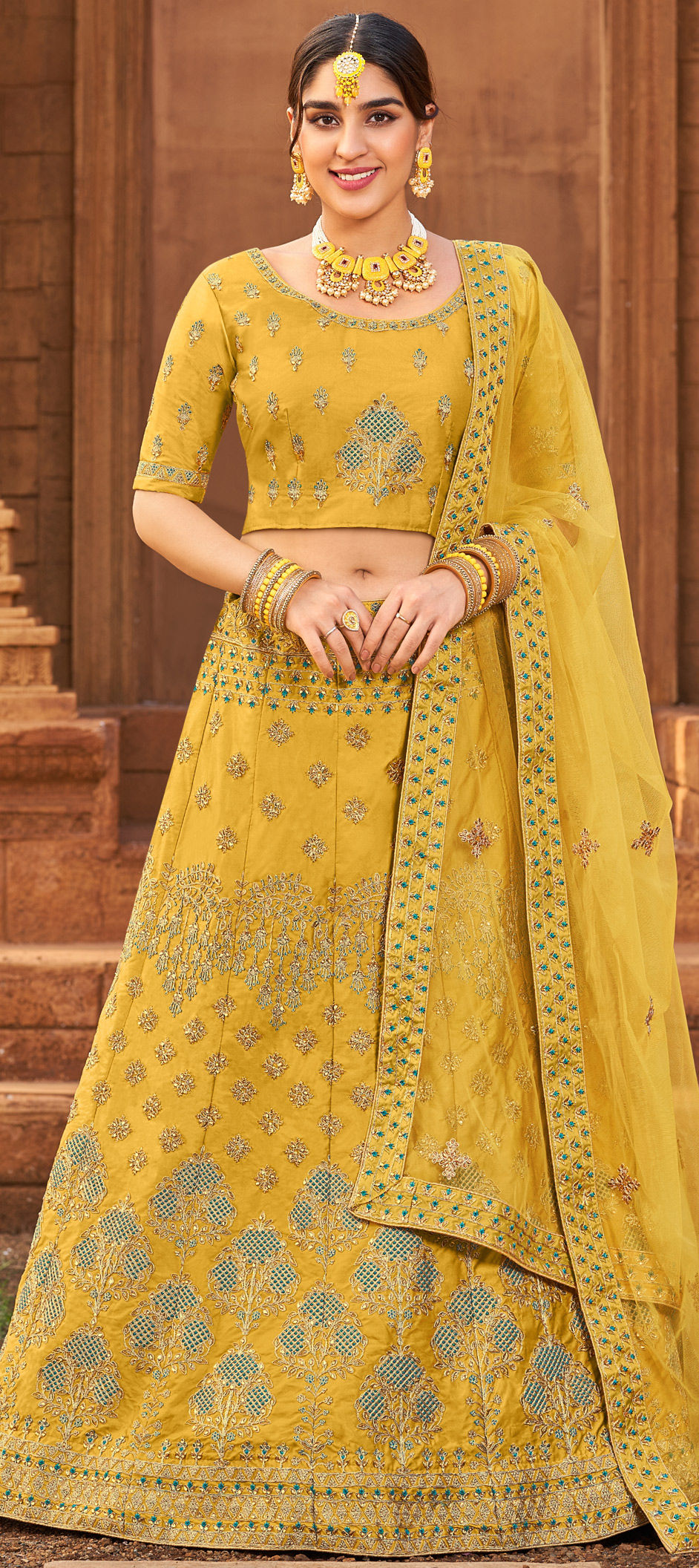 Engagement, Reception Yellow color Satin Silk fabric Lehenga : 1801442