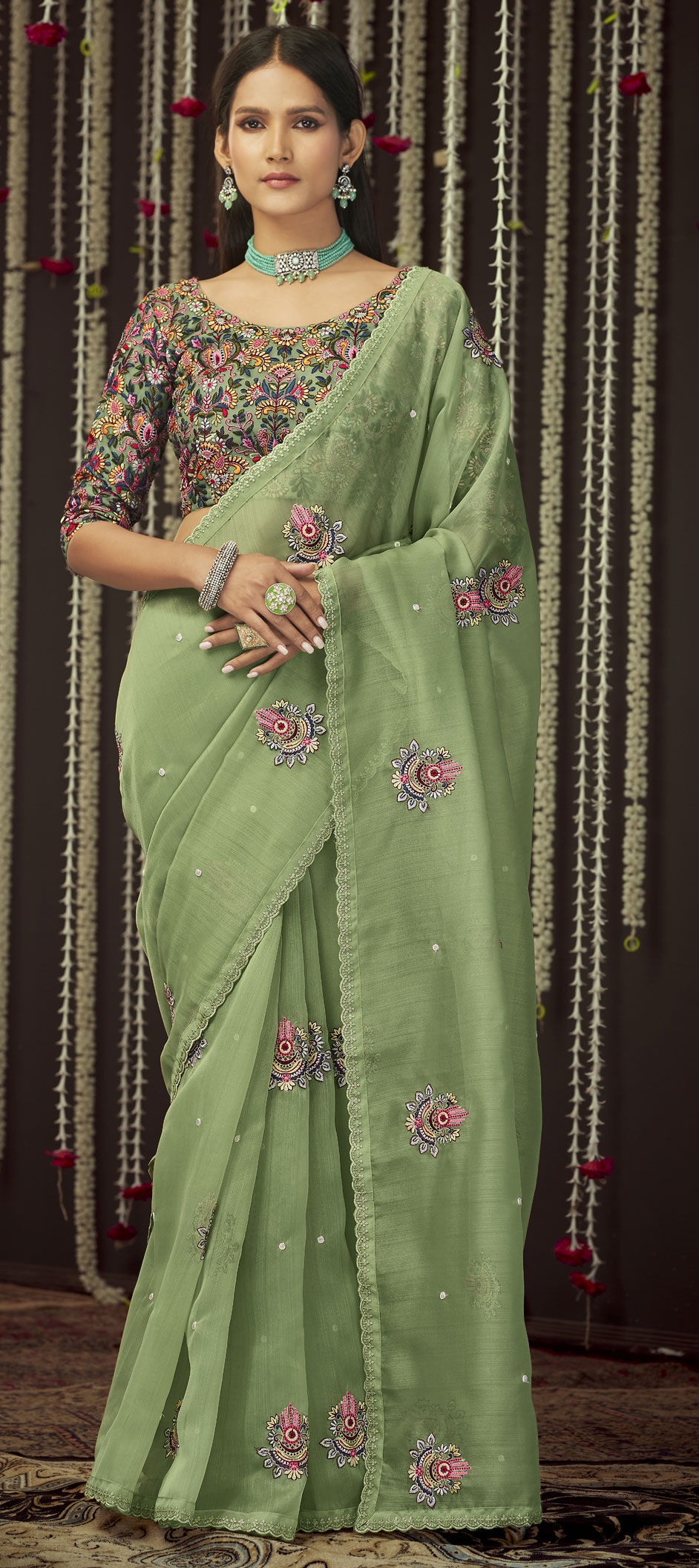Traditional, Wedding Green color Organza Silk, Silk fabric Saree : 1801660