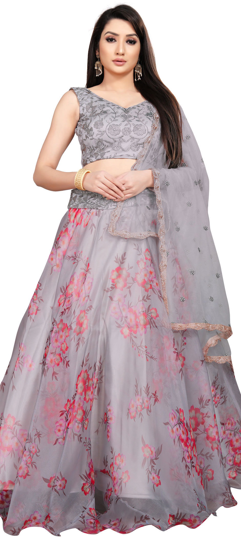 Festive, Party Wear Black and Grey color Organza Silk fabric Lehenga ...