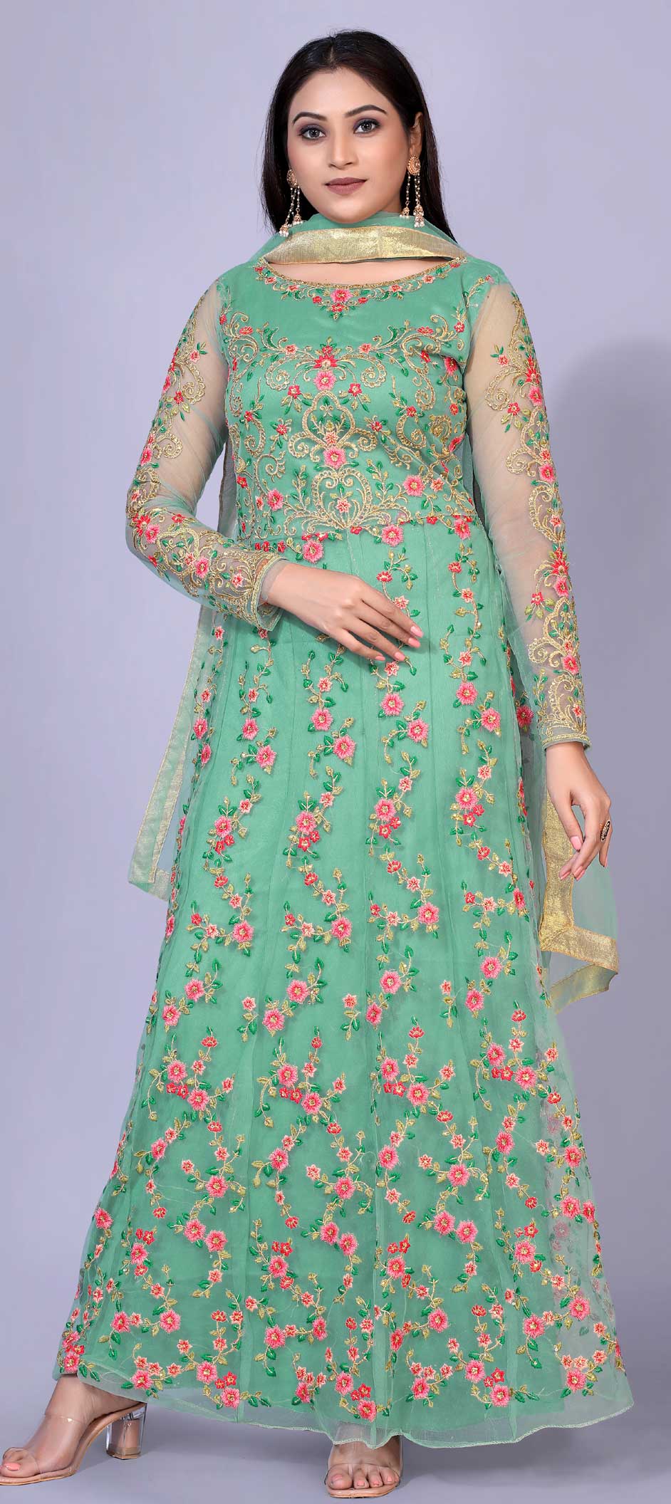 Mehendi Sangeet, Reception Green color Net fabric Salwar Kameez : 1810415