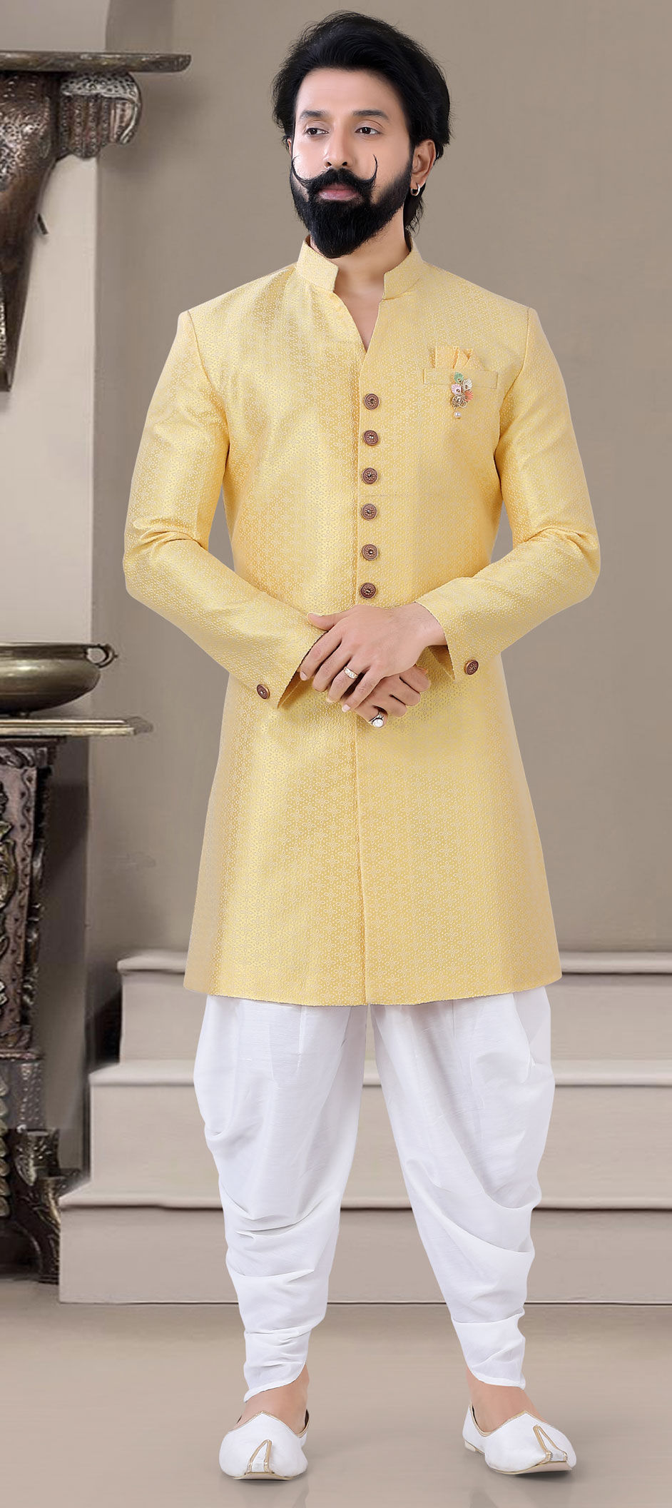 Yellow color Jacquard fabric IndoWestern Dress : 1813927