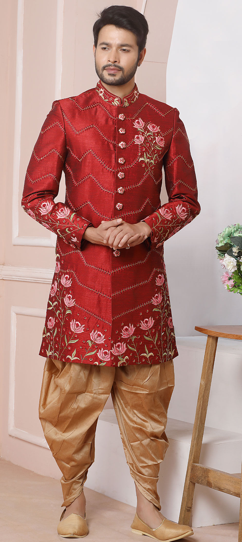 Red and Maroon color Banarasi Silk fabric Sherwani : 1814972
