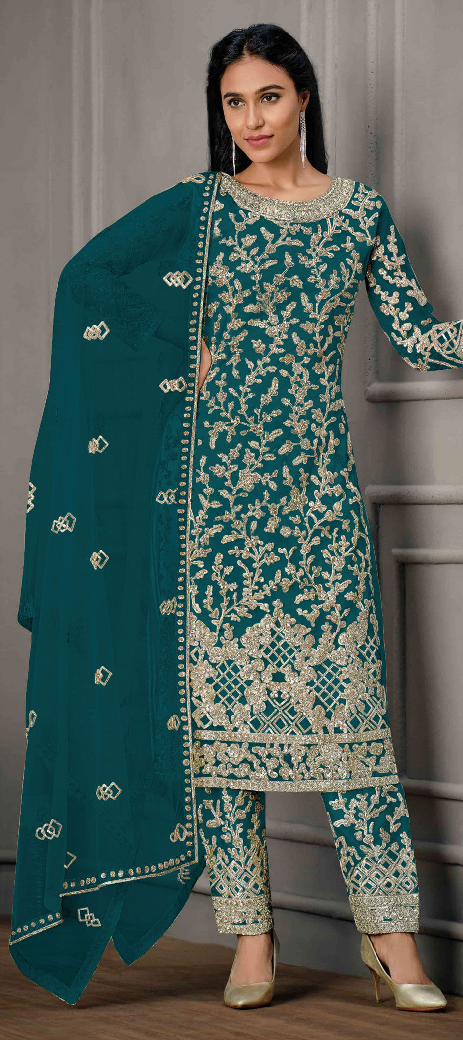 Party Wear Blue color Net fabric Salwar Kameez : 1816111