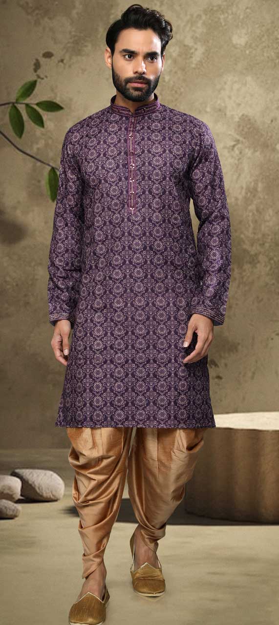 Purple and Violet color Cotton fabric Dhoti Kurta : 1816867