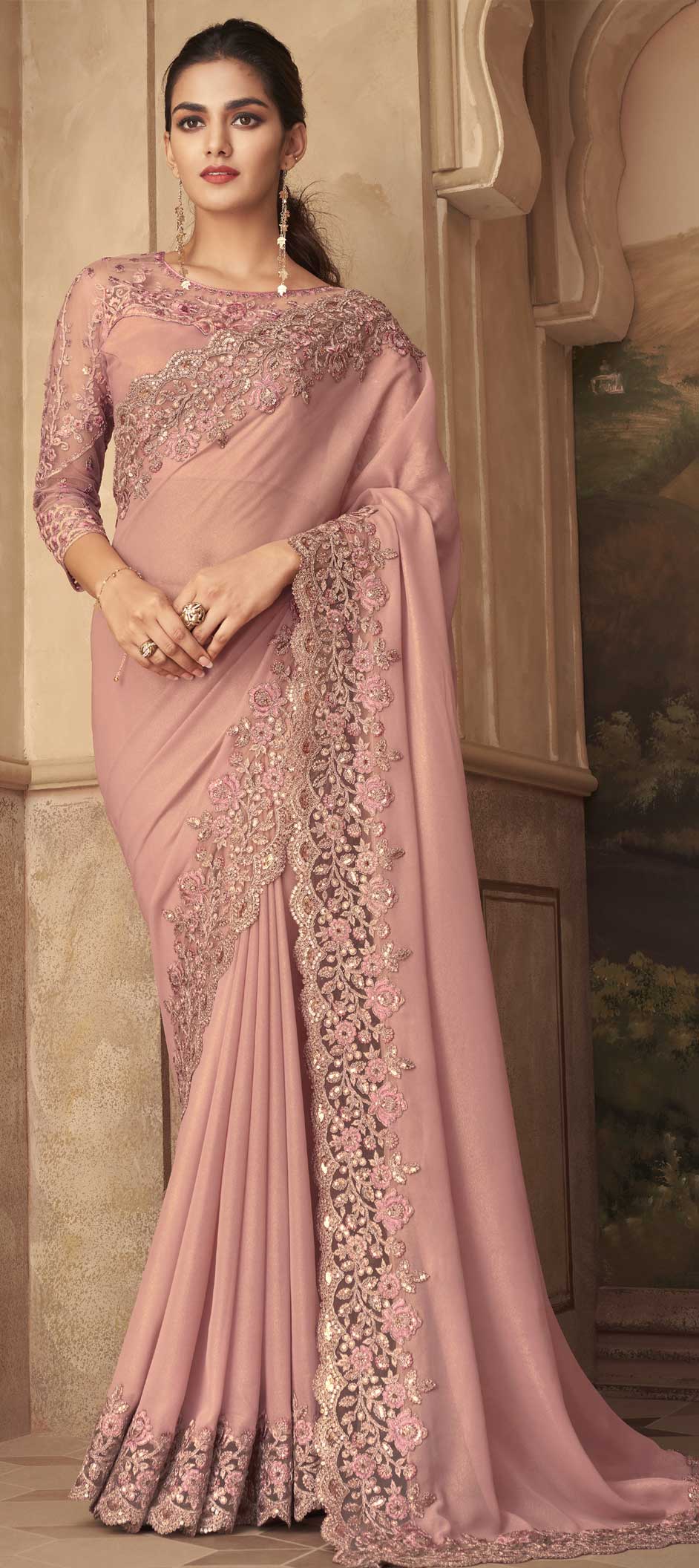 Reception, Wedding Pink and Majenta color Georgette fabric Saree : 1817438