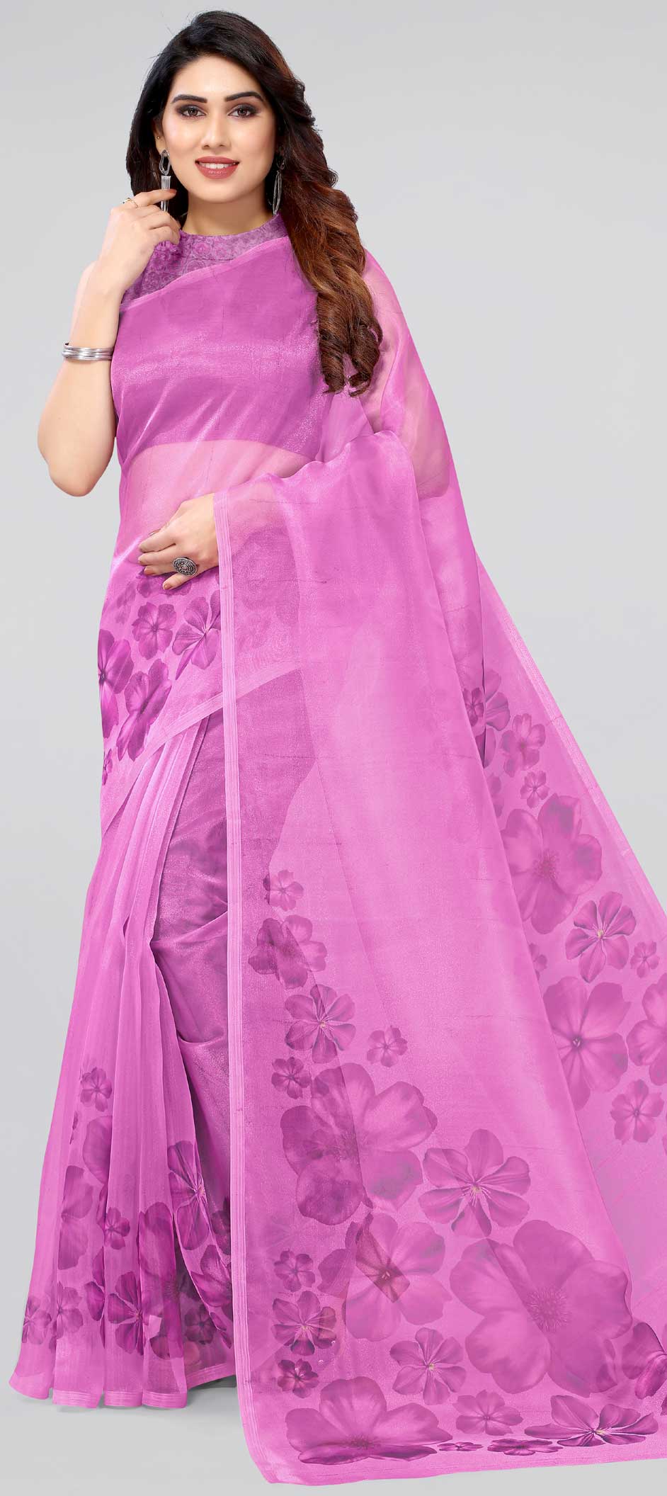Traditional Pink and Majenta color Organza Silk, Silk fabric Saree ...