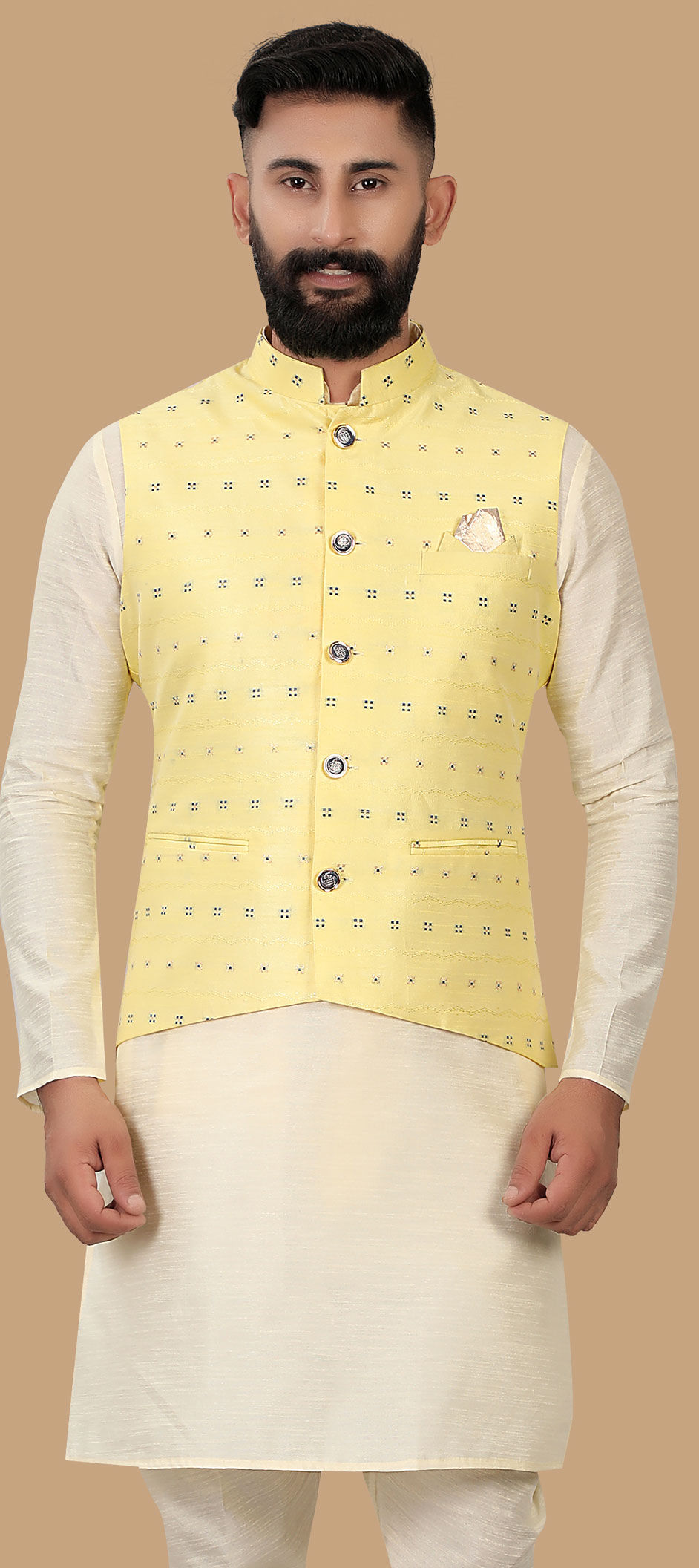 Yellow color Jacquard fabric Nehru Jacket : 1817809
