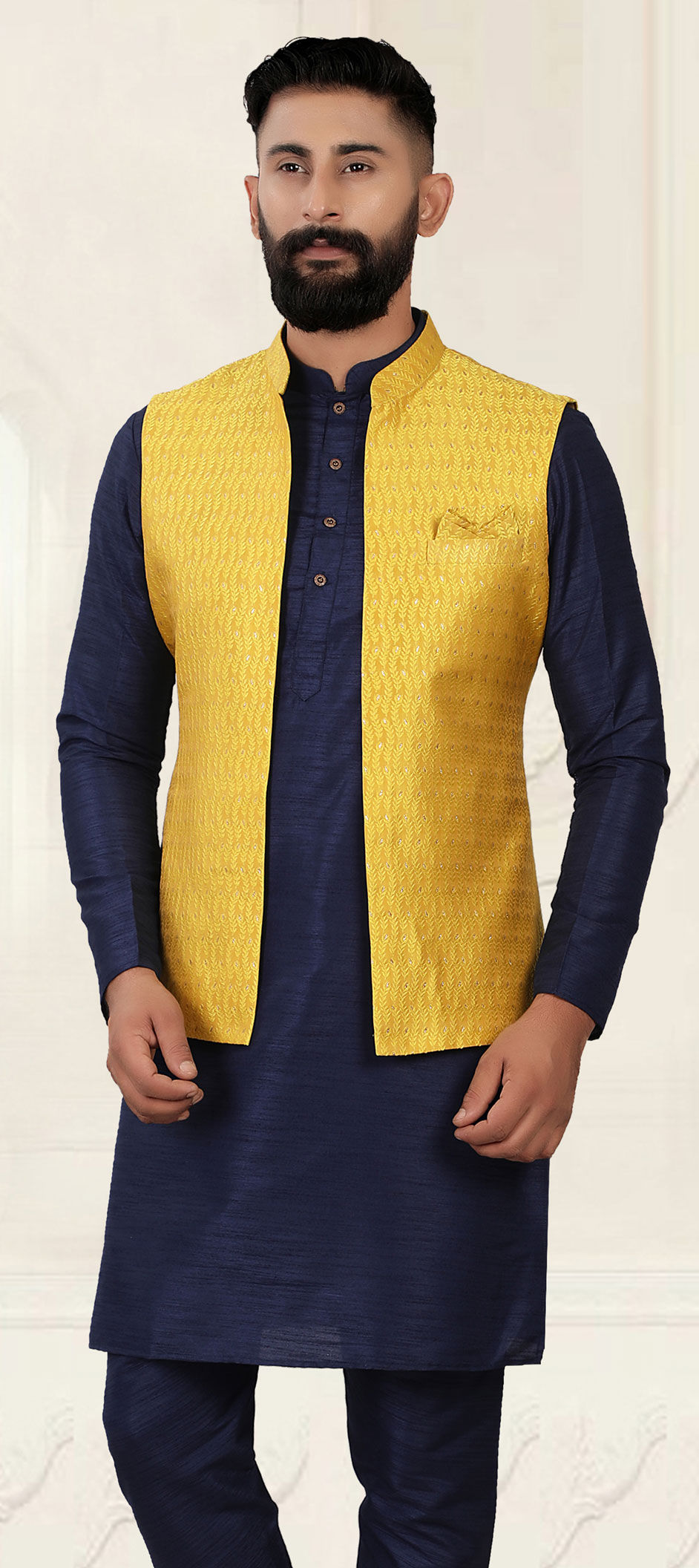 Yellow color Jacquard fabric Nehru Jacket : 1817827