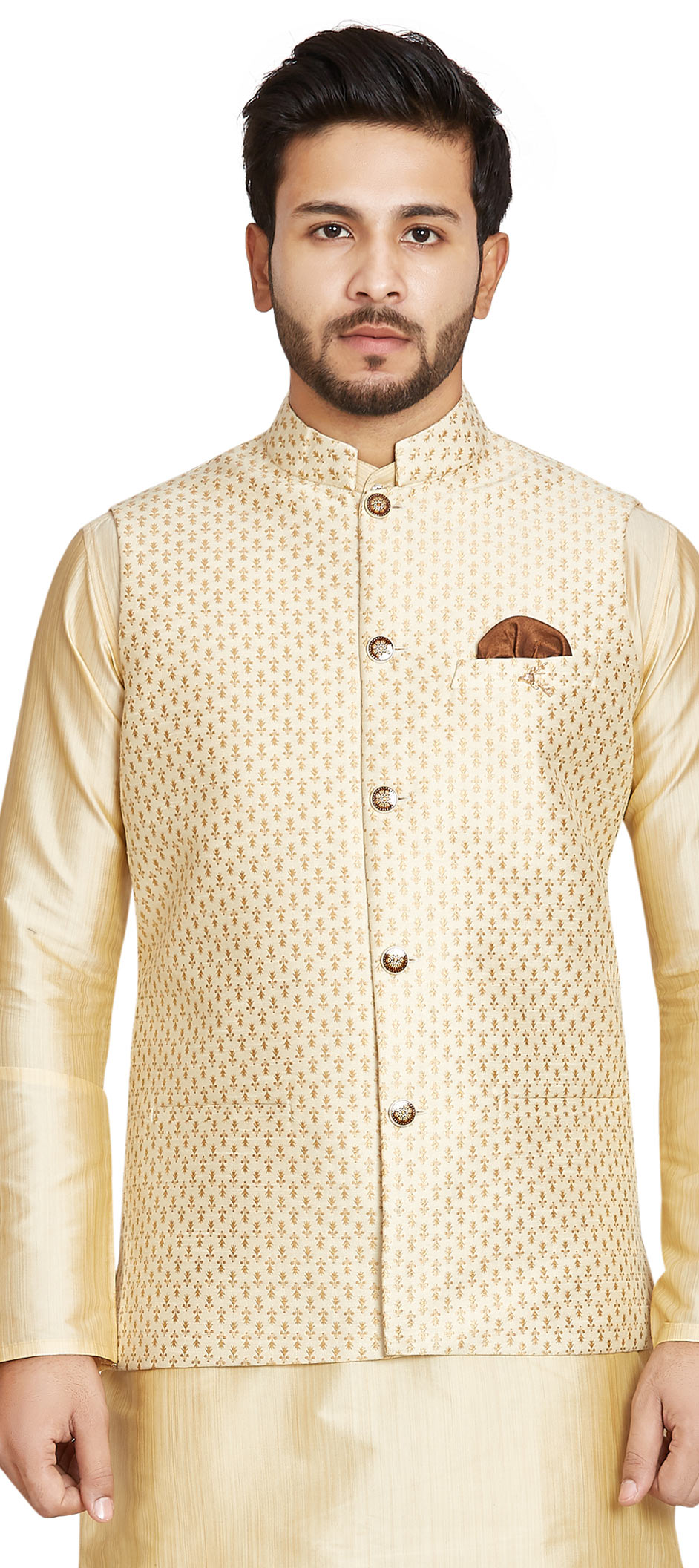Beige and Brown color Jacquard fabric Nehru Jacket : 1818600
