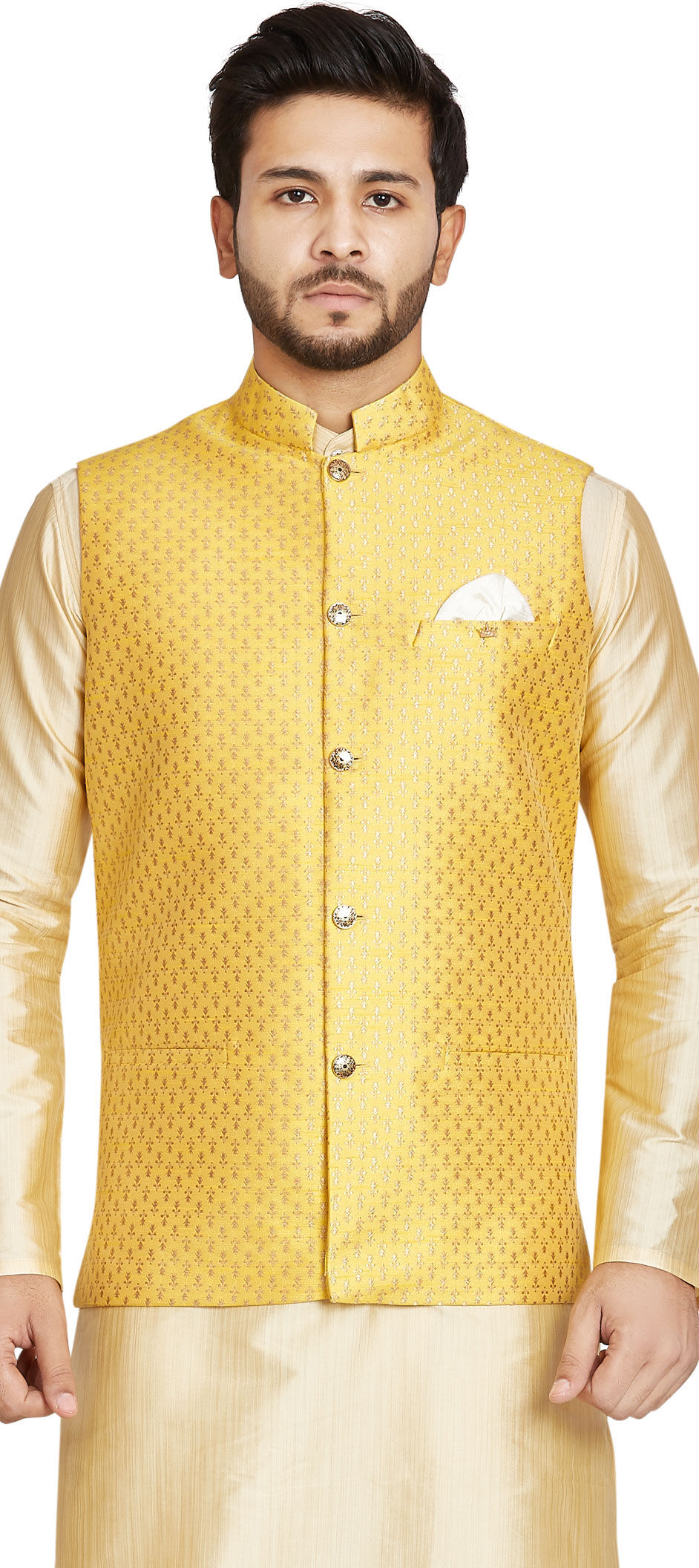 Yellow color Jacquard fabric Nehru Jacket : 1818636