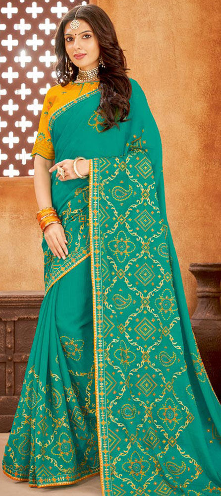 Party Wear, Reception Blue color Georgette fabric Saree : 1819400