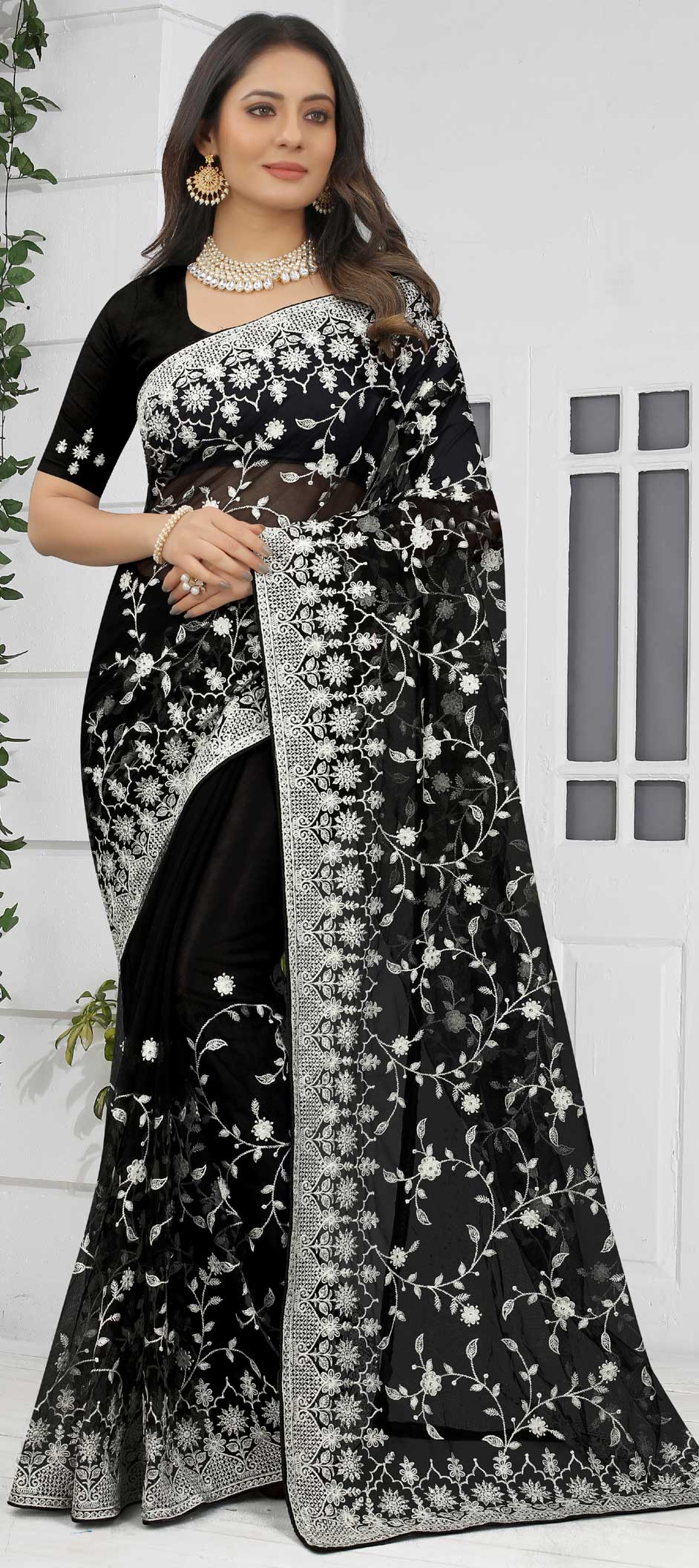 Festive, Reception Black and Grey color Net fabric Saree : 1820832