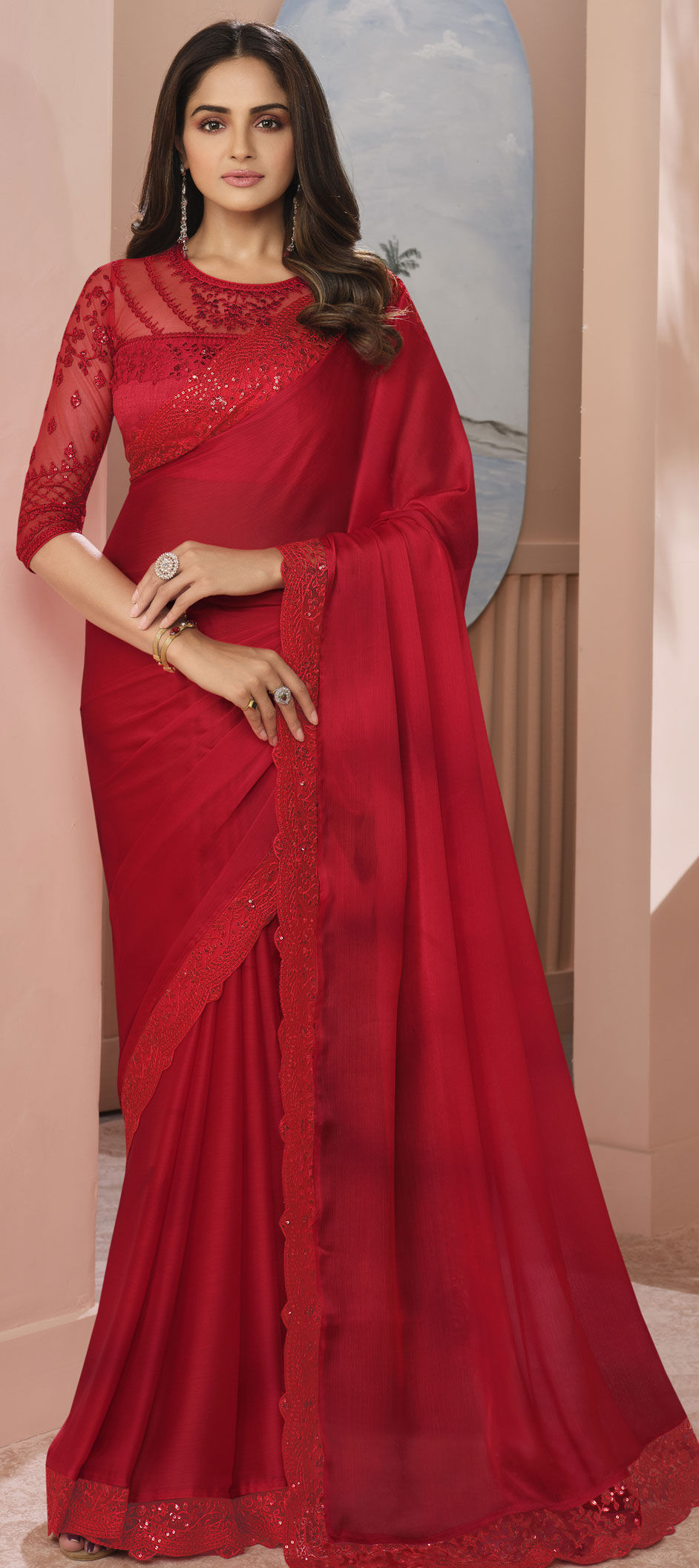 Bollywood Red and Maroon color Chiffon fabric Saree : 1822043