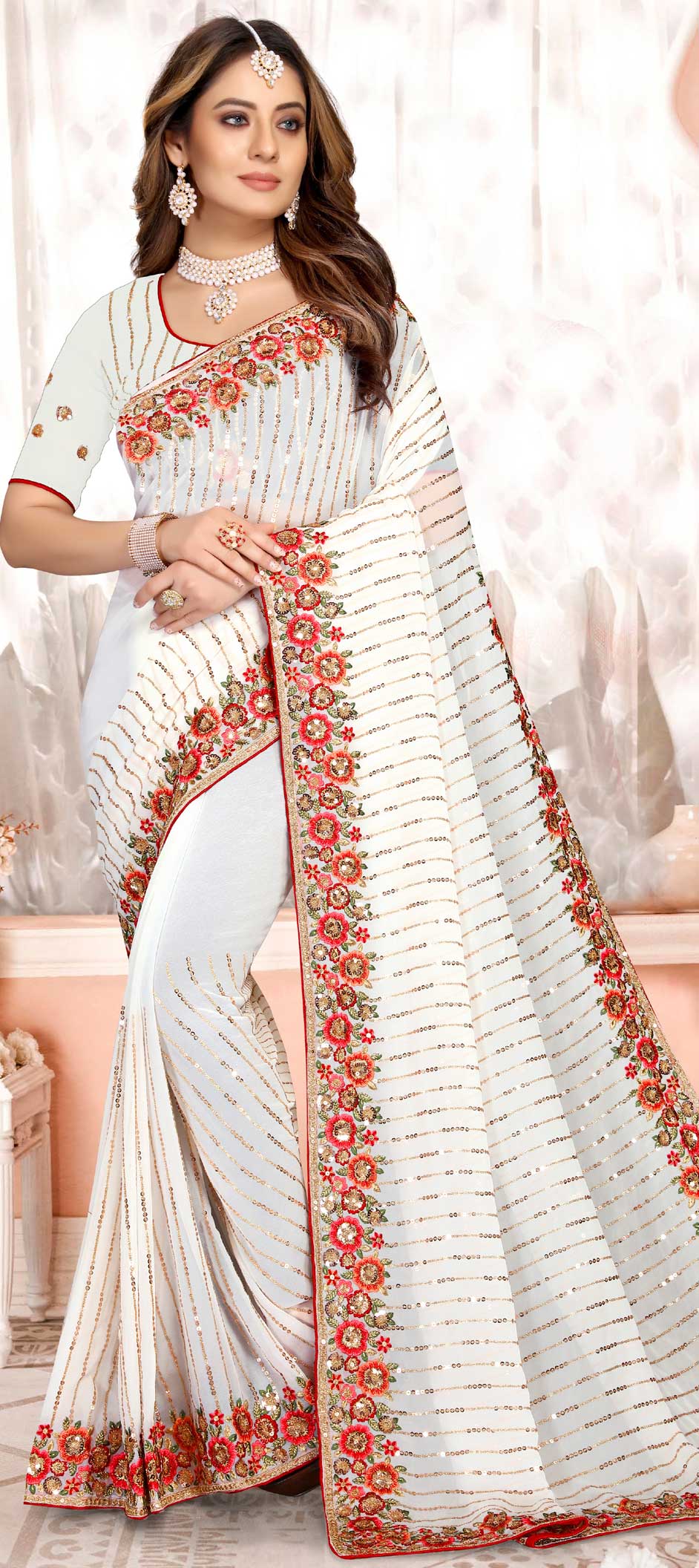Reception, Wedding White and Off White color Georgette fabric Saree ...
