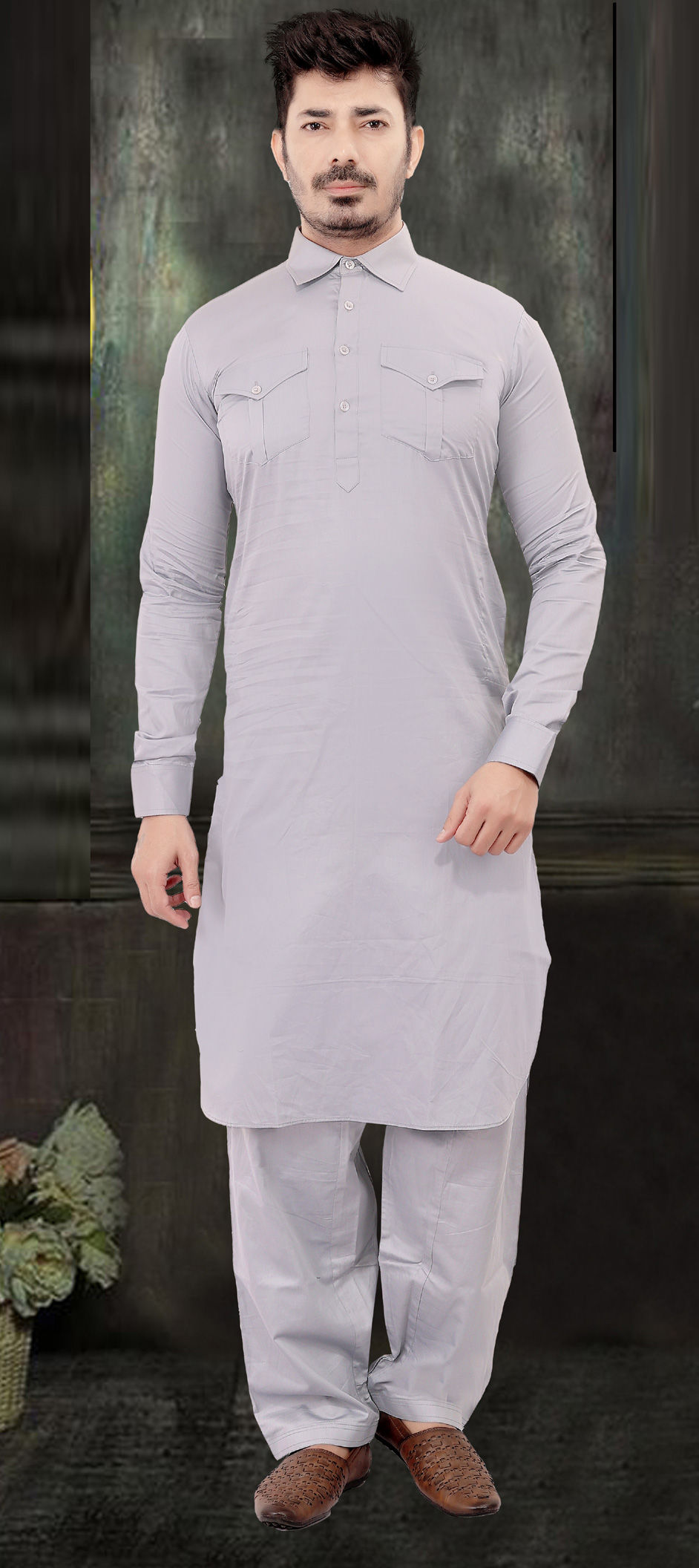 Black and Grey color Cotton fabric Pathani Suit : 1822709