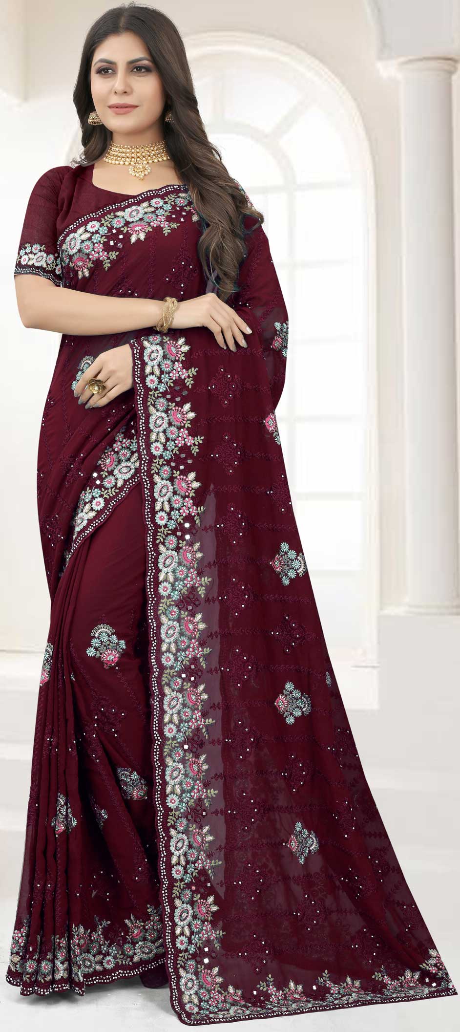 Reception, Wedding Red and Maroon color Georgette fabric Saree : 1823111