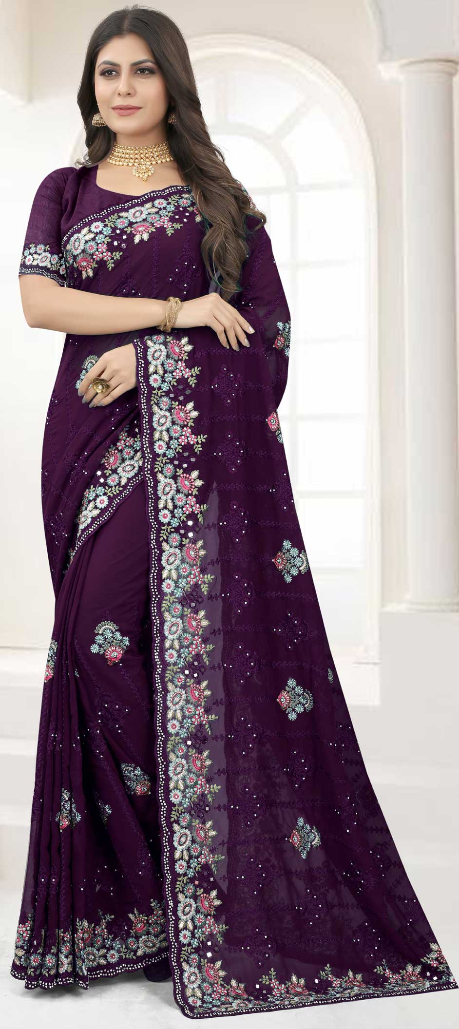 Reception, Wedding Red and Maroon color Georgette fabric Saree : 1823115