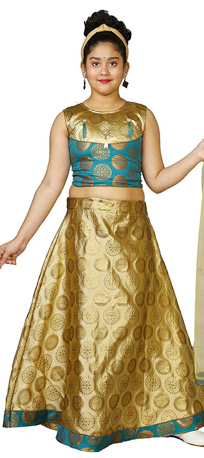 Gold color Art Silk, Net fabric Kids Lehenga : 1824343