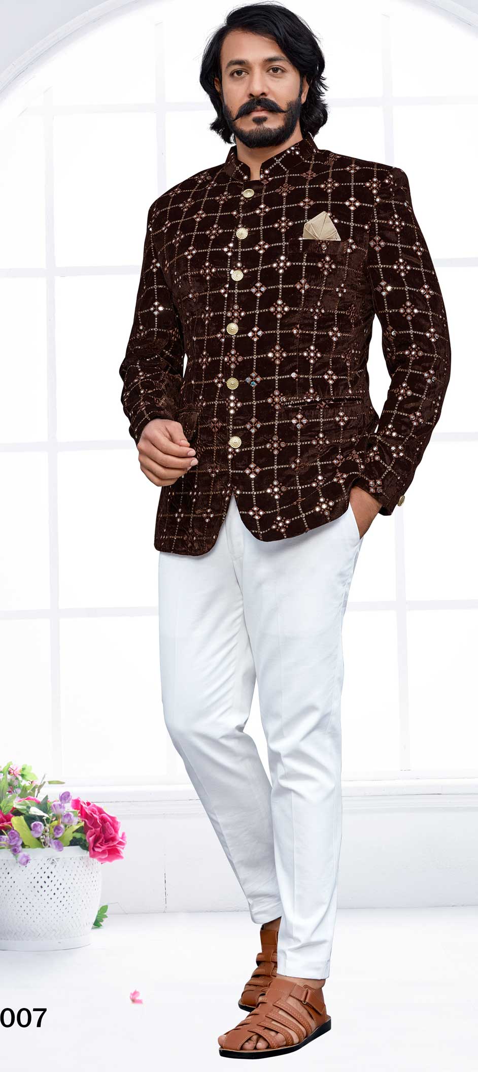 Beige and Brown color Velvet fabric Jodhpuri Suit : 1824581
