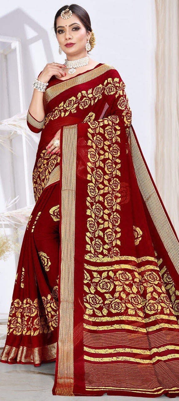 Casual Red and Maroon color Chiffon fabric Saree : 1824709