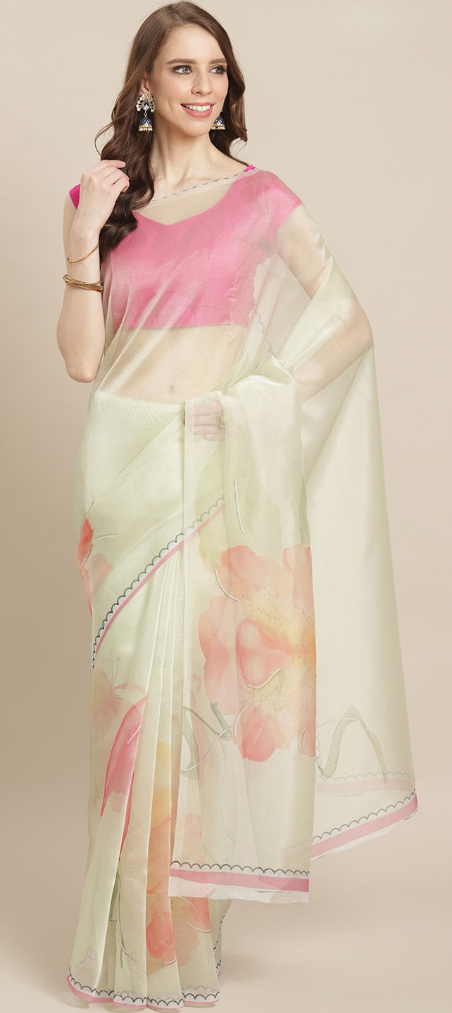 Traditional White and Off White color Organza Silk, Silk fabric Saree ...