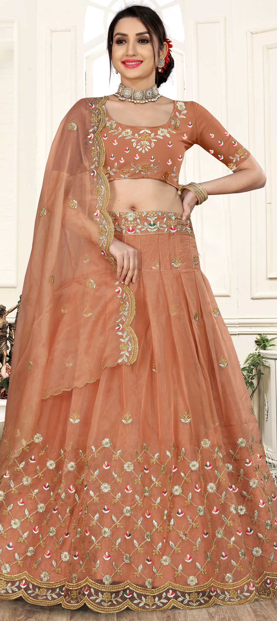Mehendi Sangeet, Reception Beige and Brown color Organza Silk fabric ...