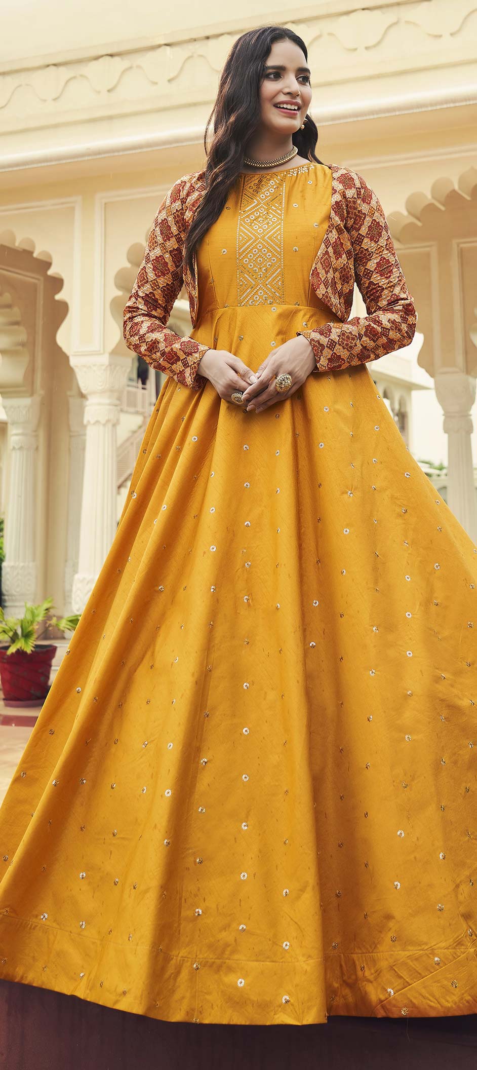 Festive, Party Wear Yellow color Cotton fabric Gown : 1825363