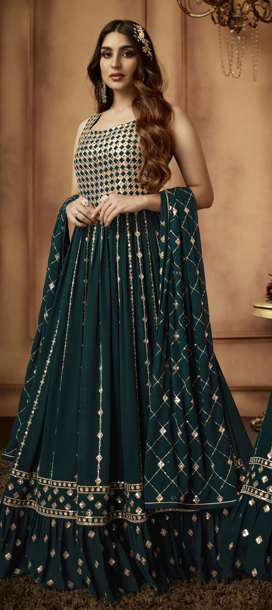 Mehendi Sangeet, Reception Green color Georgette fabric Gown : 1826097