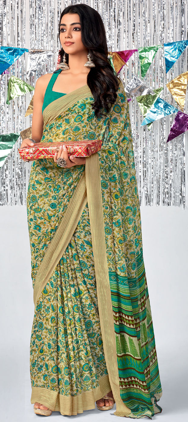 Casual, Party Wear Beige and Brown color Georgette fabric Saree : 1826504