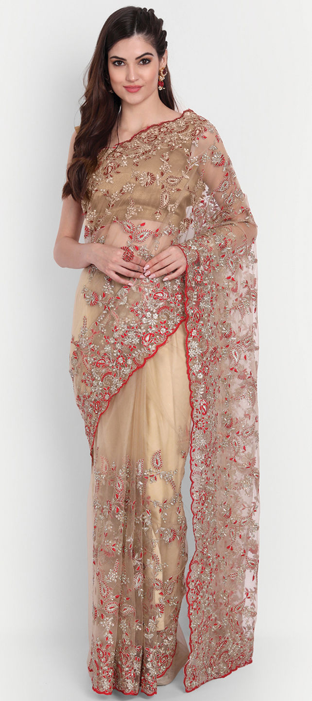 Festive, Party Wear Gold color Net fabric Saree : 1826663