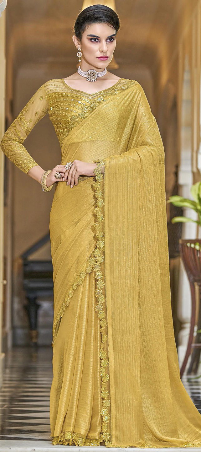 Designer, Reception Gold color Chiffon fabric Saree : 1828228