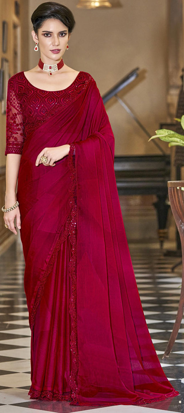 Designer, Reception Red and Maroon color Chiffon fabric Saree : 1828253