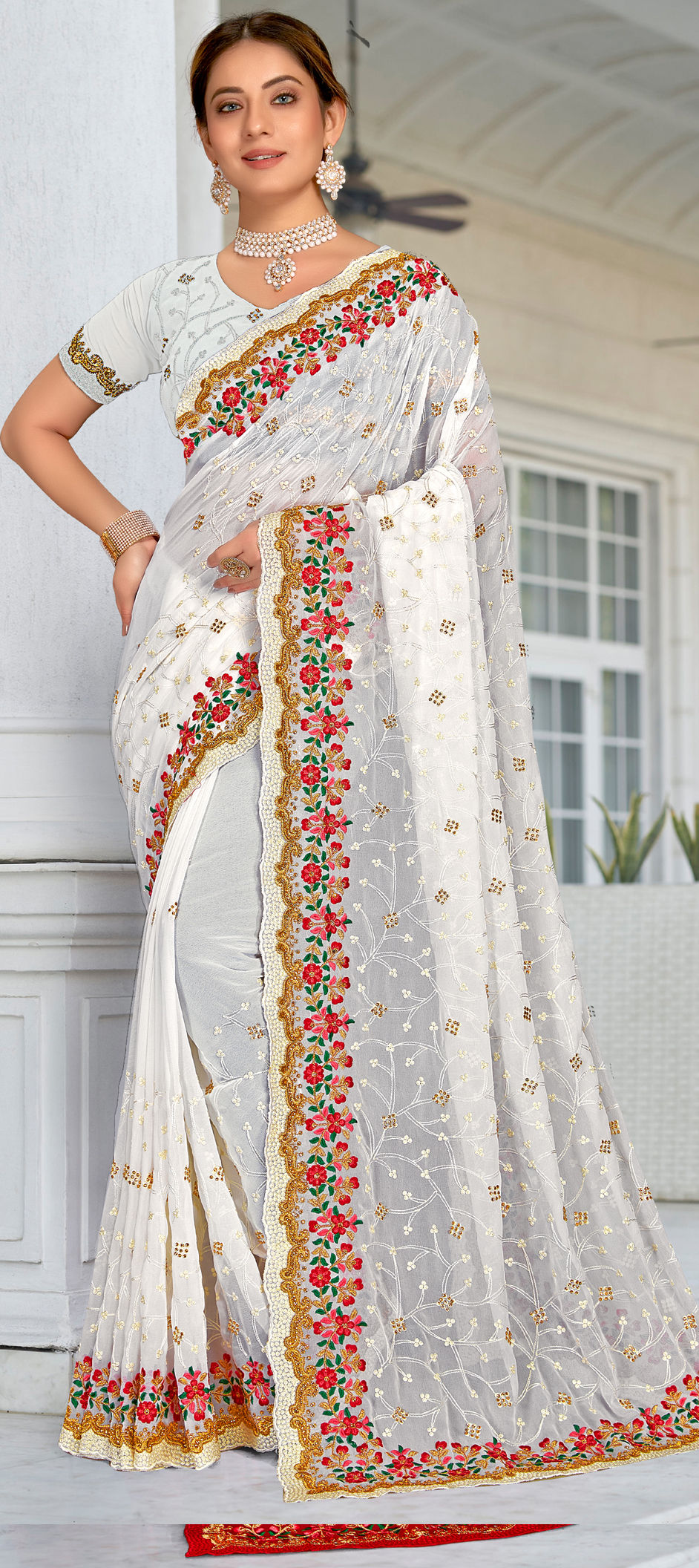 Festive, Mehendi Sangeet, Reception White and Off White color Georgette ...