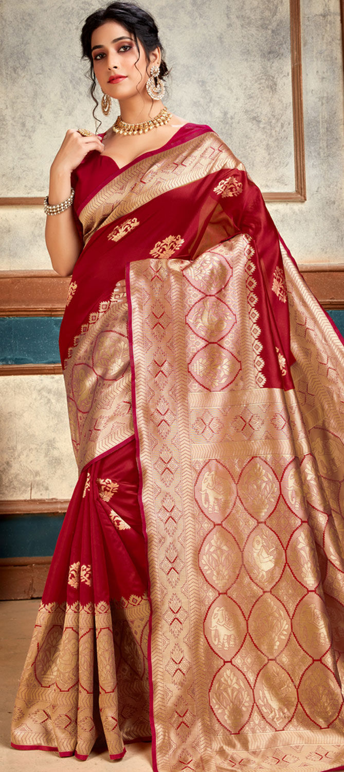 Bridal, Reception, Wedding Red and Maroon color Naylon Silk fabric ...