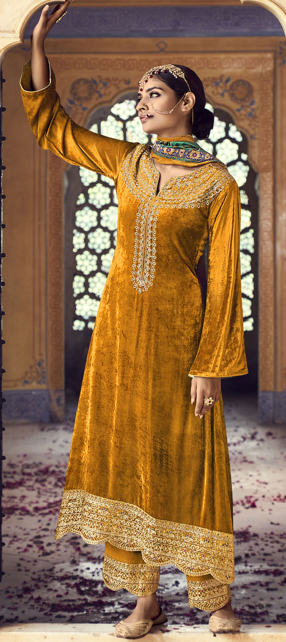 Engagement, Festive, Reception, Wedding Yellow color Velvet fabric ...