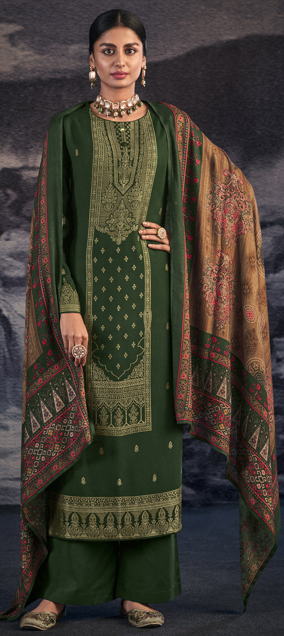 Festive, Party Wear, Traditional Green color Pashmina fabric Salwar ...