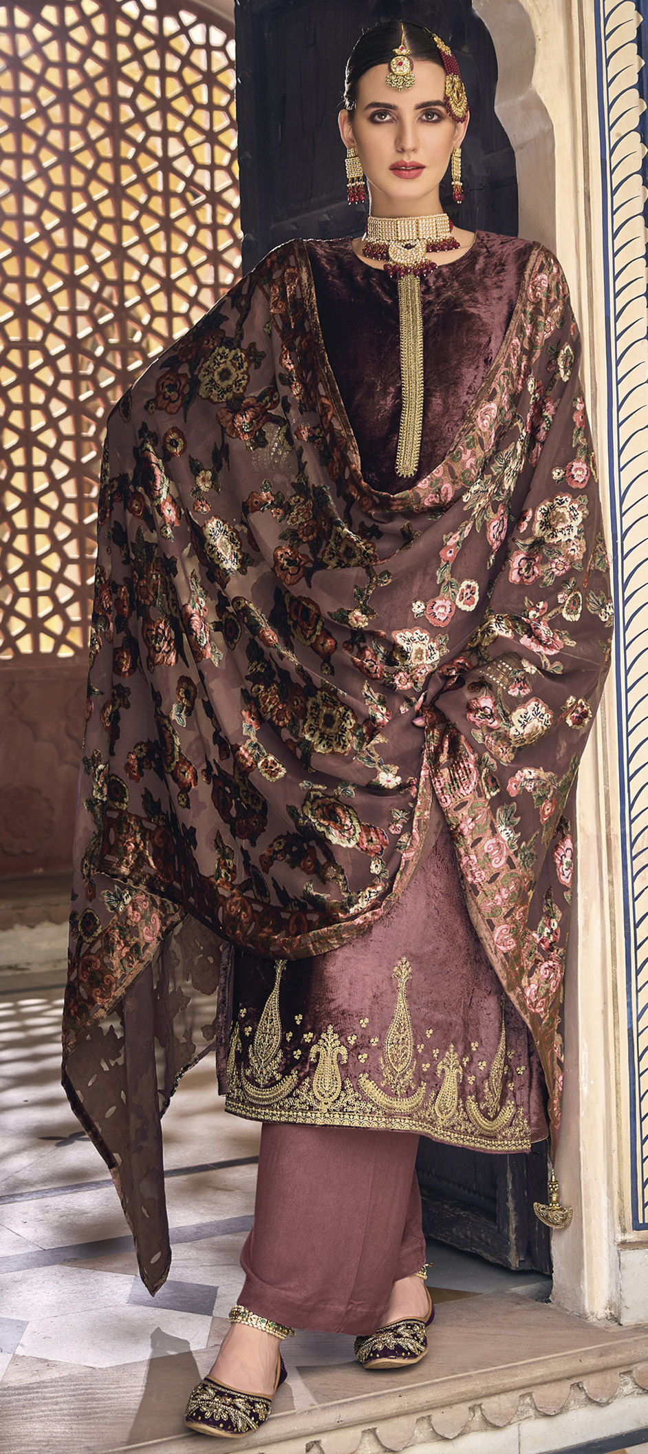 Casual, Traditional Beige and Brown color Velvet fabric Salwar Kameez ...
