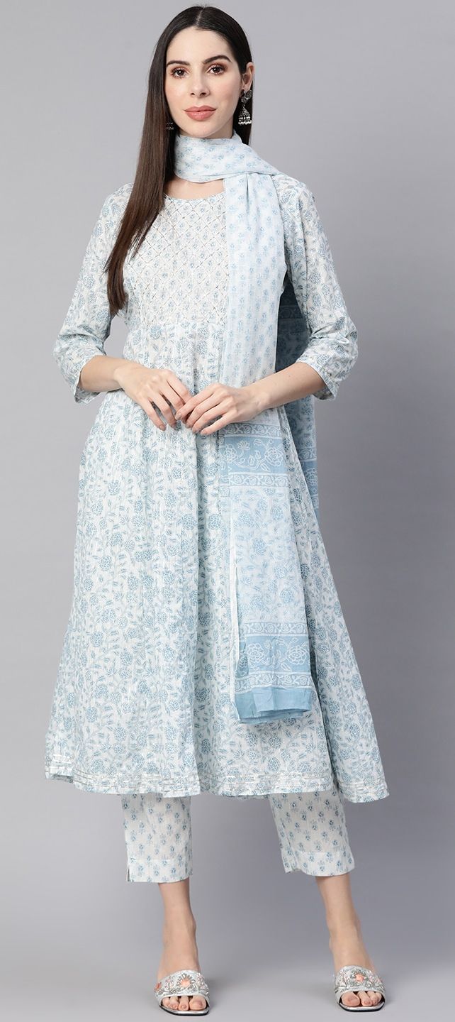 Casual, Festive, Party Wear Blue, White and Off White color Cotton ...