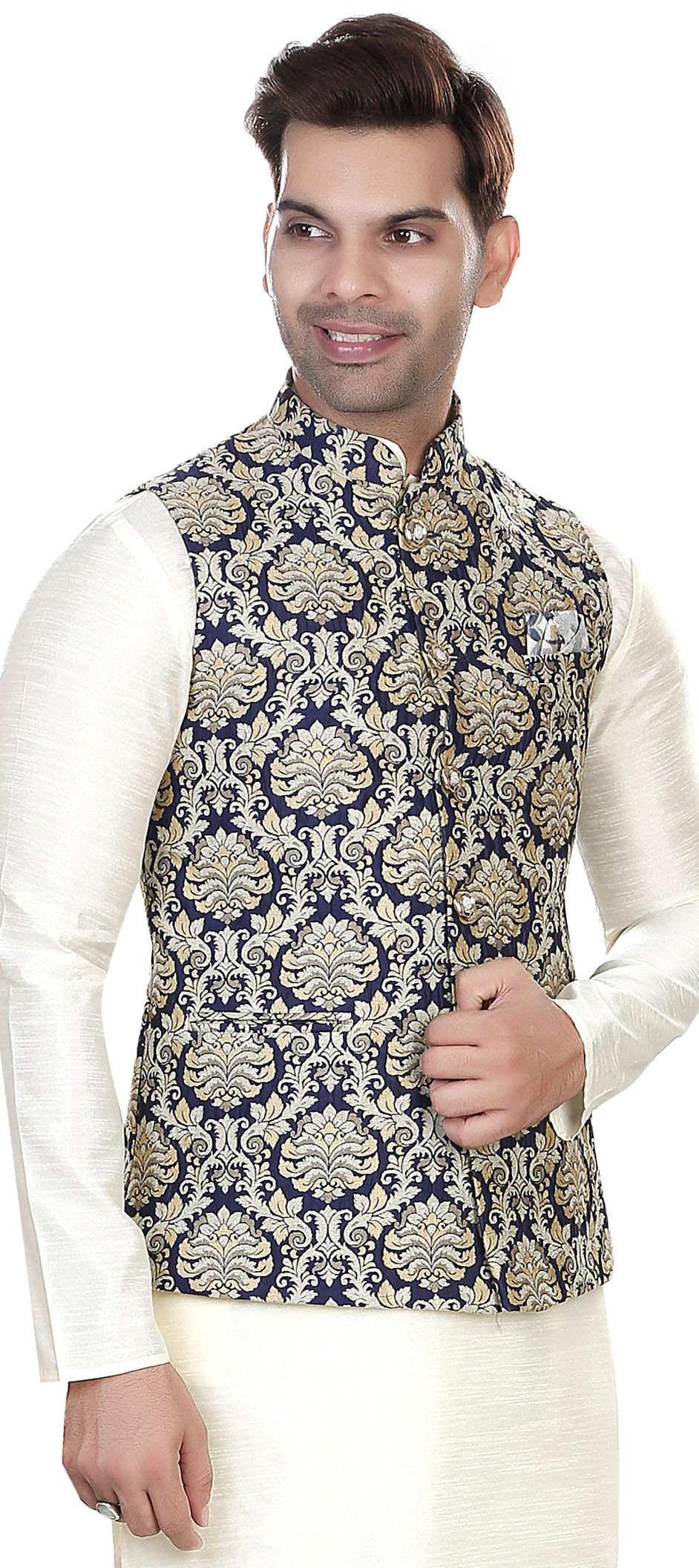 Blue color Jacquard fabric Nehru Jacket : 1830781