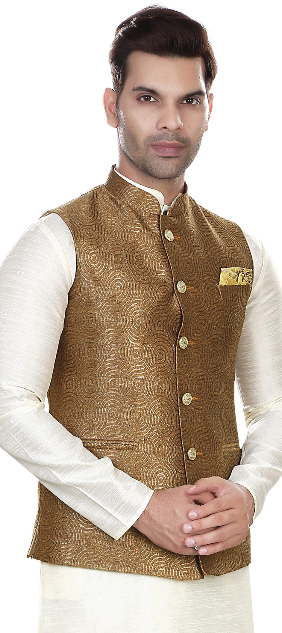 Beige and Brown color Jacquard fabric Nehru Jacket : 1830785