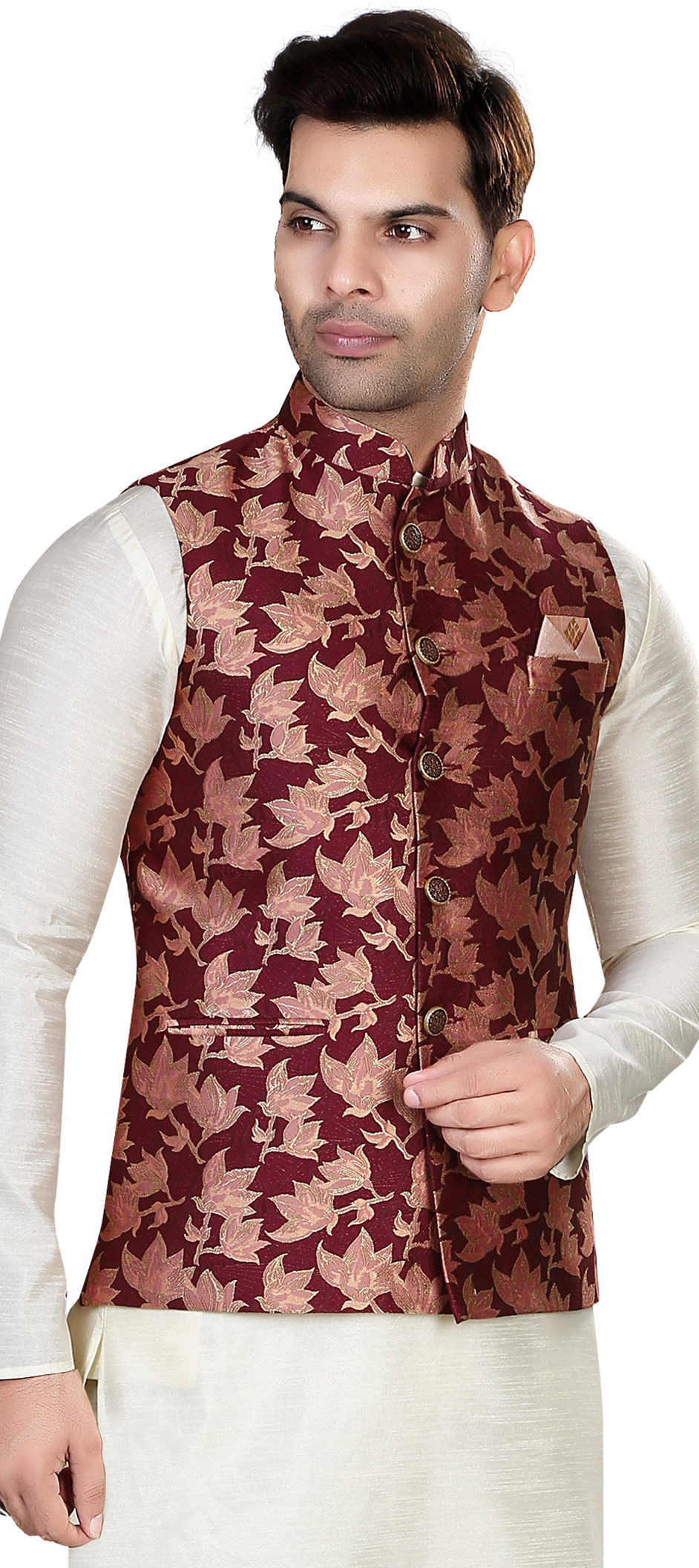 Red and Maroon color Jacquard fabric Nehru Jacket : 1830789