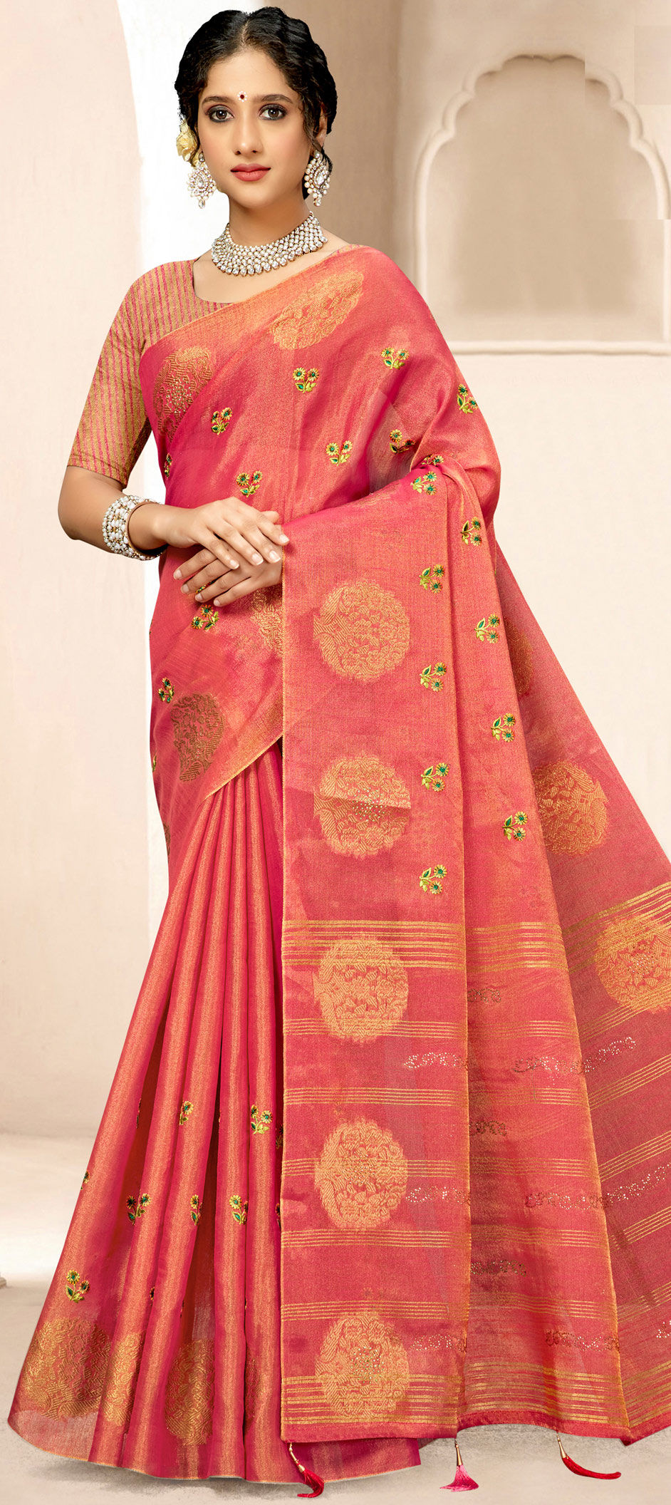 Festive Pink and Majenta color Tissue fabric Saree : 1832013